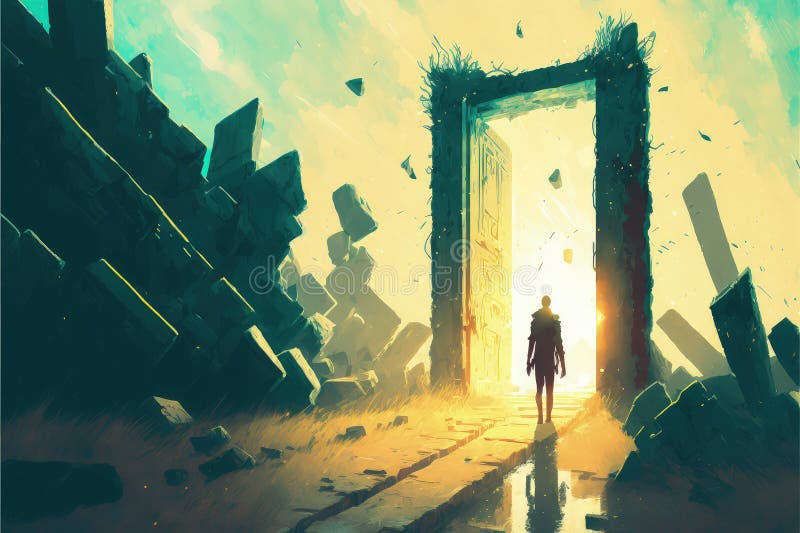 A Man Strides Towards the Gate of Light Amidst the Colossal Ruins Stock ...