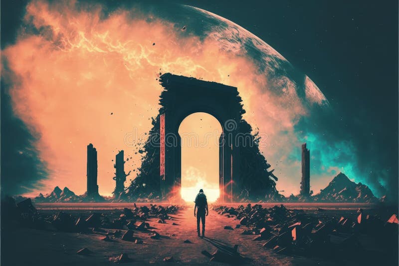 A Man Strides Towards the Gate of Light Amidst the Colossal Ruins Stock ...