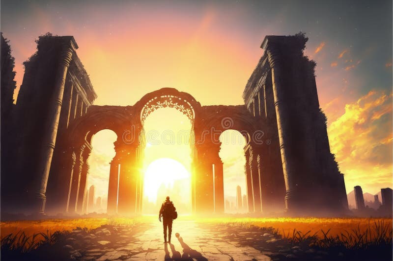 A Man Strides Towards the Gate of Light Amidst the Colossal Ruins Stock ...