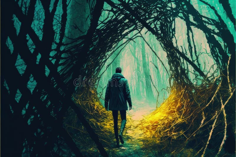A Man Strolls through a Mysterious Forest with a Twisted Thorn Tree ...