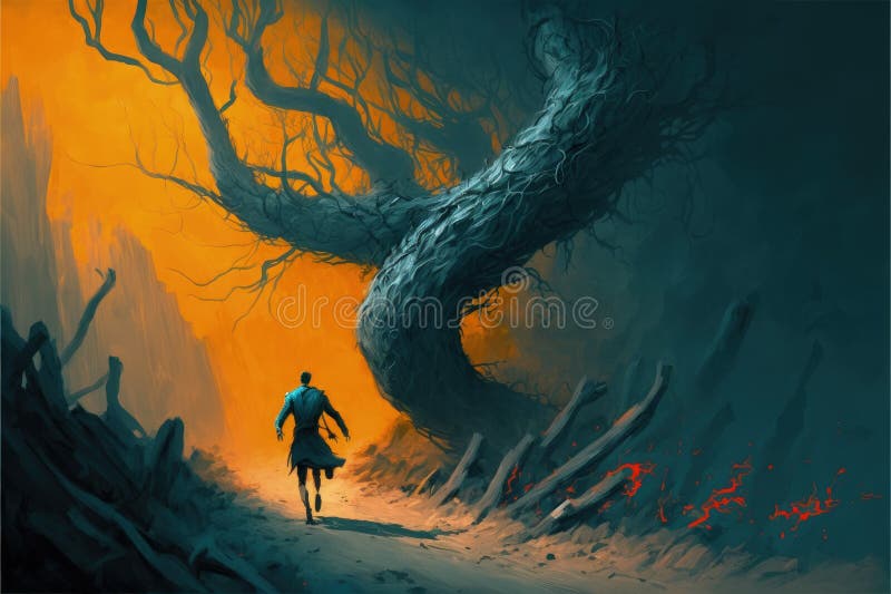 A Man Strolls through a Mysterious Forest with a Twisted Thorn Tree ...