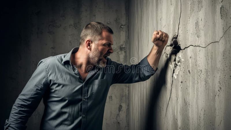 Frustration Builds As a Man Strikes a Wall in a Dimly Lit Room, Man Cry ...