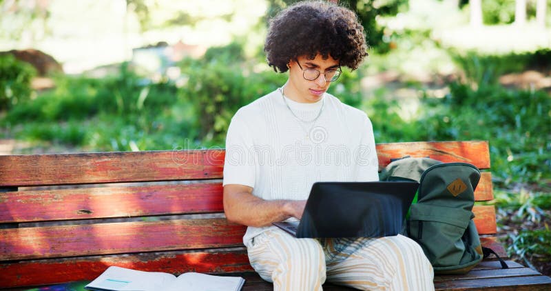 Man, Student and Laptop in Park for Research Assignment, University ...