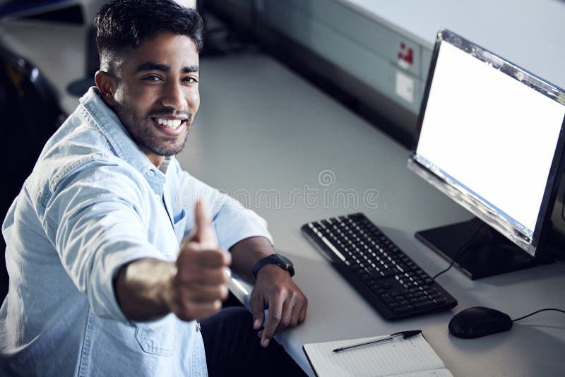Man, Student and Portrait with Thumbs Up by Computer at it College with ...