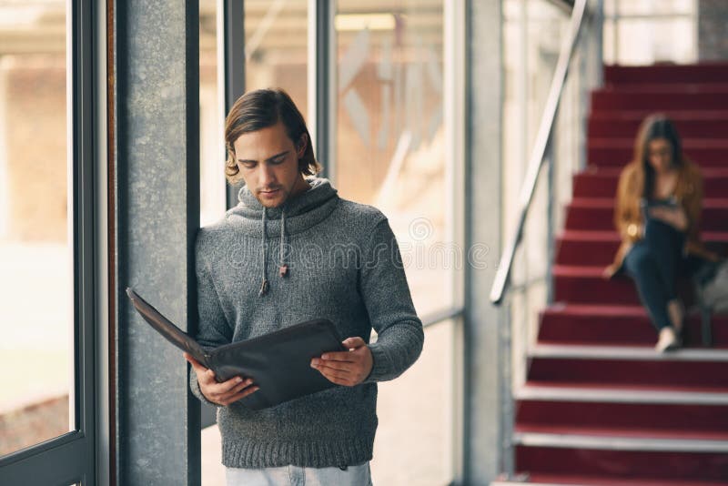 Man, Student and Reading with File in College for Educational Documents ...