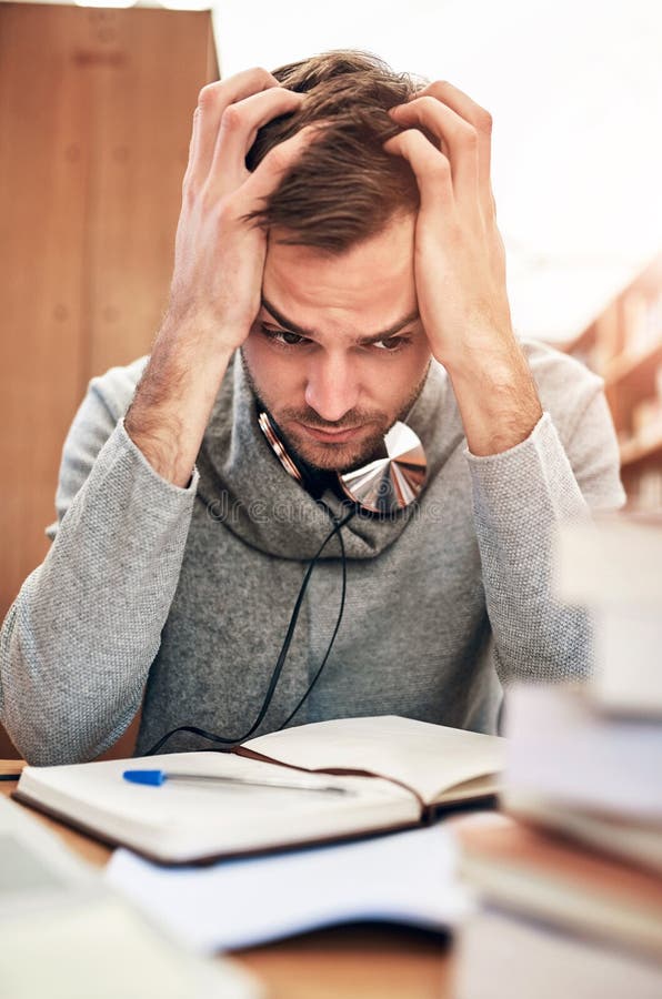 Man, Student and Stress in Library with Notebook, Education and ...