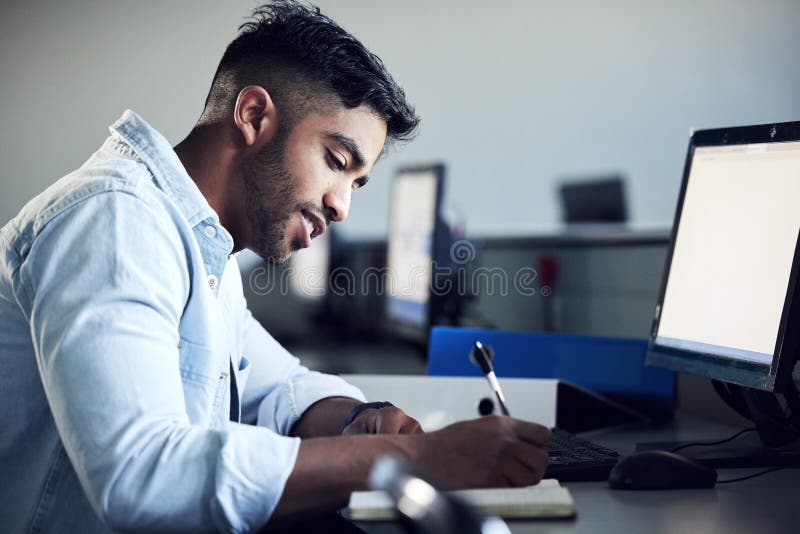 Man, Student and Thinking with Writing in Notebook at it College with ...