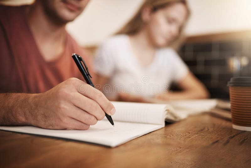 Man, Student and Write with Hand in Cafe, Notebook and University ...