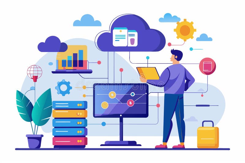 A Man Studies a Cloud Computing Diagram while Engaging with Technology ...