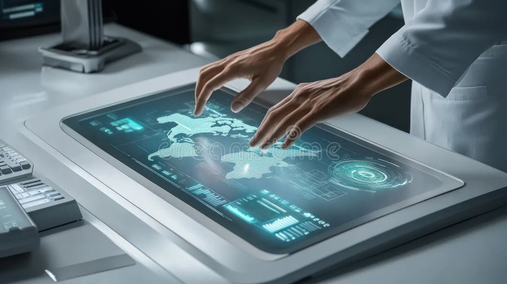 A Man Studies Complex Digital Interfaces Showing a World Map in a ...