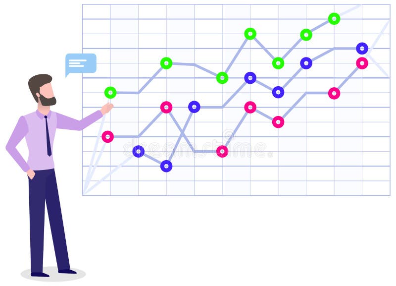 Man Studies Statistics on Presentation. Male Character while Working or ...