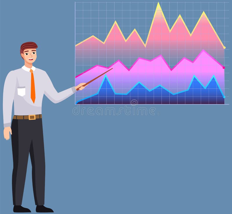 Man Studies Statistics on Presentation. Male Character while Working or ...