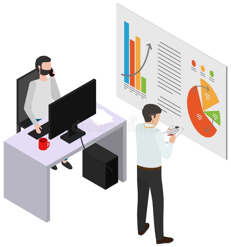 Man Studies Statistics Shown on Diagram and Makes Notes. Men while ...