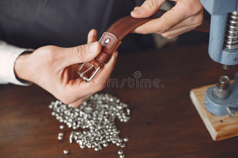 Man in a Studio Creates Leather Ware Stock Photo - Image of material ...