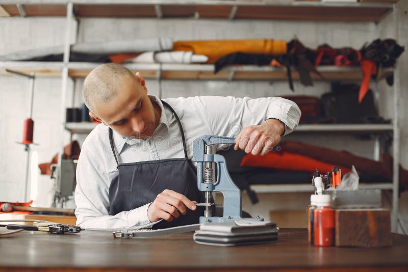 Man in a Studio Creates Leather Ware Stock Image - Image of closeup ...