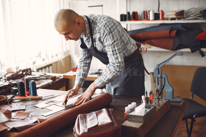 Man in a Studio Creates Leather Ware Stock Photo - Image of finger ...