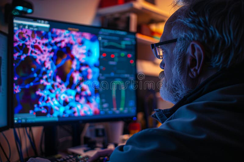 Man Studying Complex Scientific Data on Computer Screen Stock ...