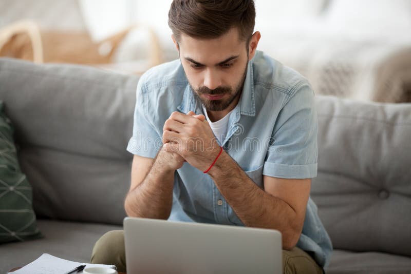 Man Studying Using Computer Reading Message Online Stock Photo - Image ...