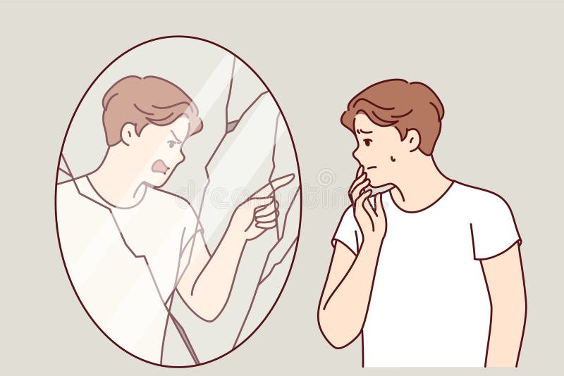 Man Suffering from Hallucinations and Mental Disorder Looks in Mirror ...