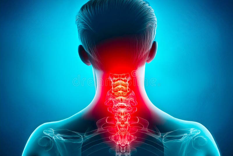 Human Suffering from Neck Pain, Highlighted Spine and Red Spot ...