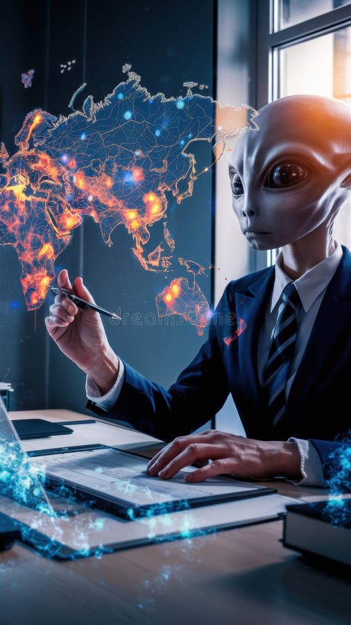 A Man in Suit with Alien Head Sitting at a Desk, AI Stock Illustration ...