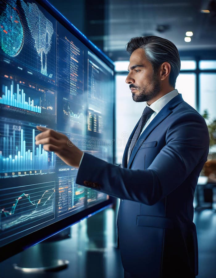Man in Suit Analyzes Data on Large Screen, Pointing at Charts and ...