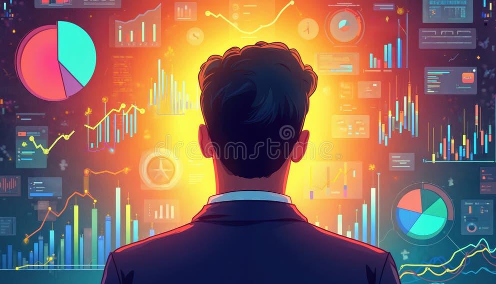 Man in Suit Analyzes Financial Data Visualizations. CFO Strategizes ...