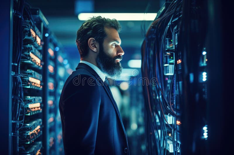 A Man in a Suit Attentively Watches Over the Servers in a Busy Data ...