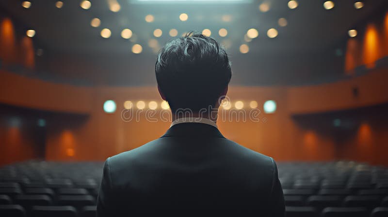 Man in Suit from Behind, Facing Empty Auditorium with Illuminated Stage ...