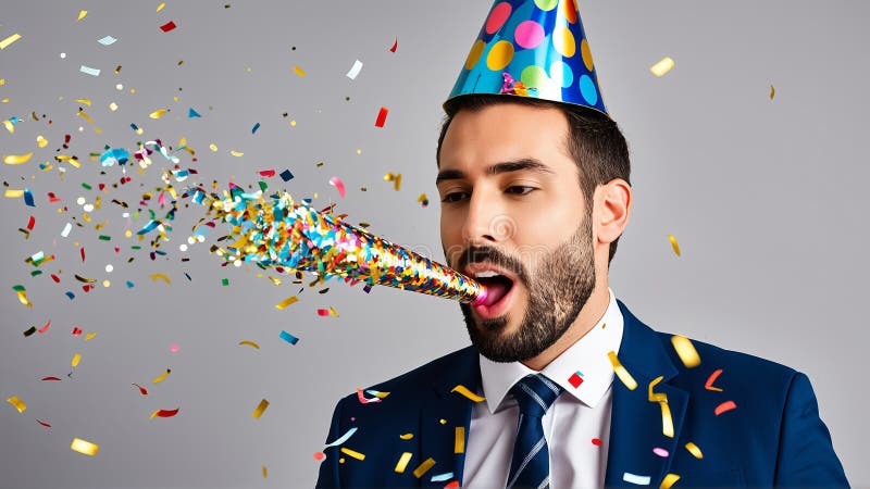 Man in Suit Celebrating with Party Hat and Confetti Blower Stock Photo ...