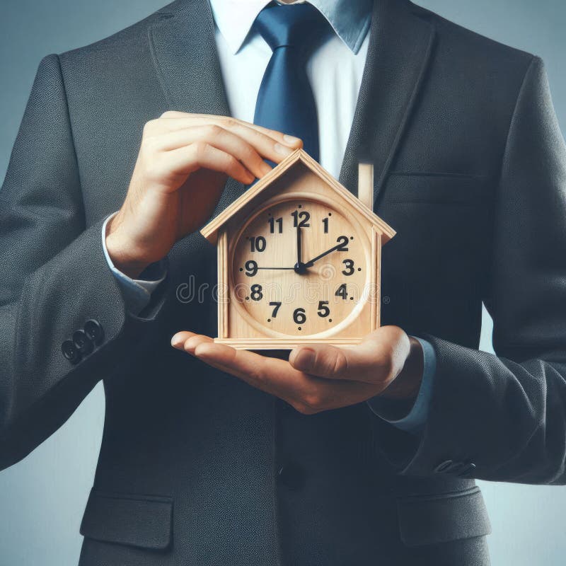 A Man in a Suit with a Clock in the Form of a House. Stock Photo ...