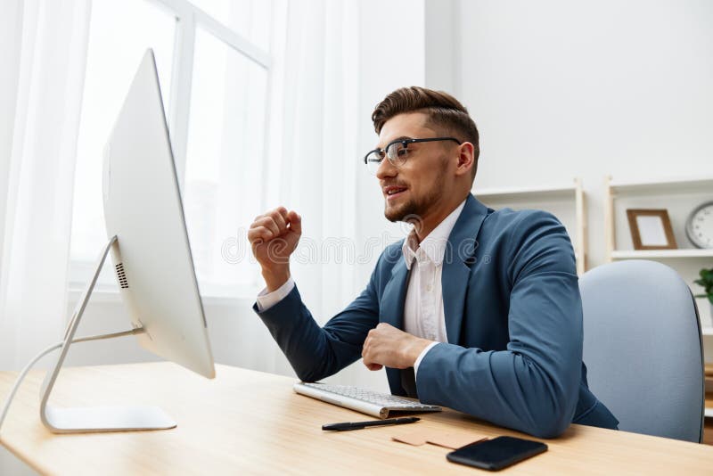 Man Suit Computer Desktop Work Self Confidence Background Stock Photos ...