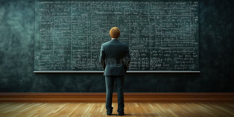 Man in Suit Contemplates Chalkboard Filled with Complex Equations Stock ...