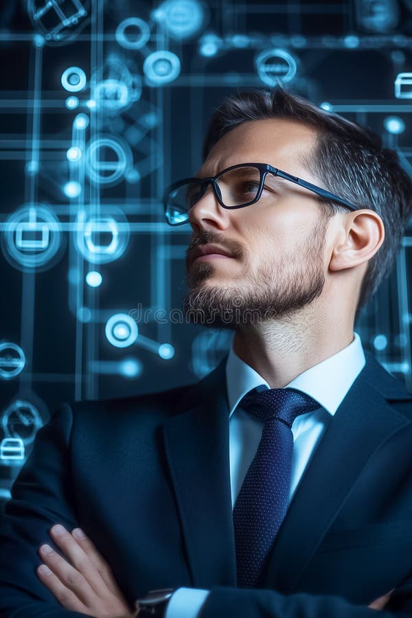 A Man in a Suit Contemplates Data Analytics Displayed on a Screen ...