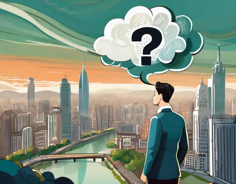 Man in a Suit Contemplating a Cityscape with a Question Mark Cloud ...