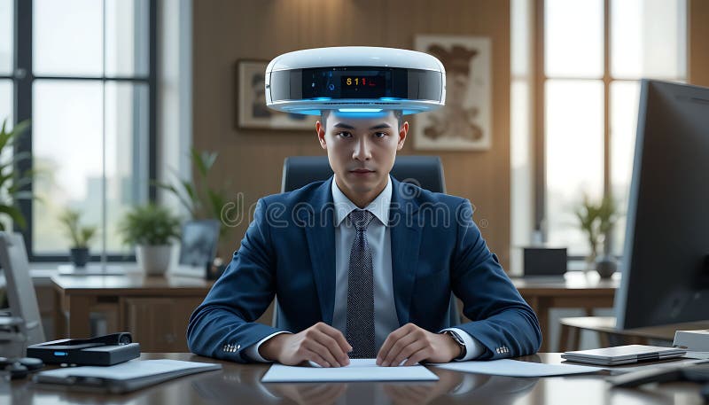 Man in Suit with Device on Head Sitting at Desk in Office with Computer ...