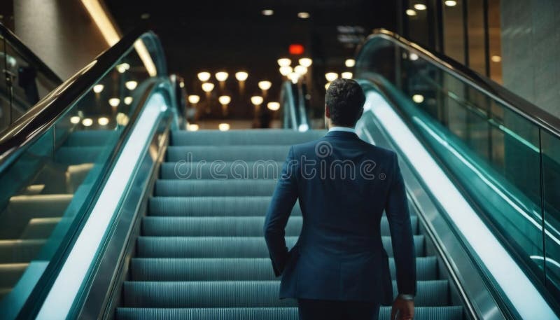 Man in a Suit on an Escalator Going Up, Rear View, Ai Stock ...