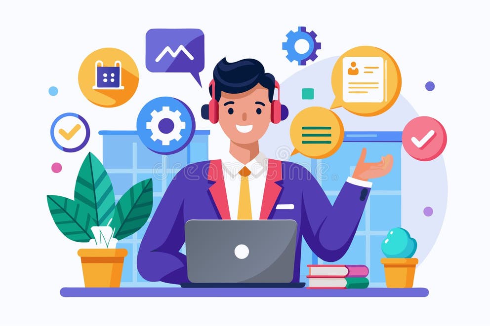 A Man in a Suit Explains Customer Service Management while Surrounded ...