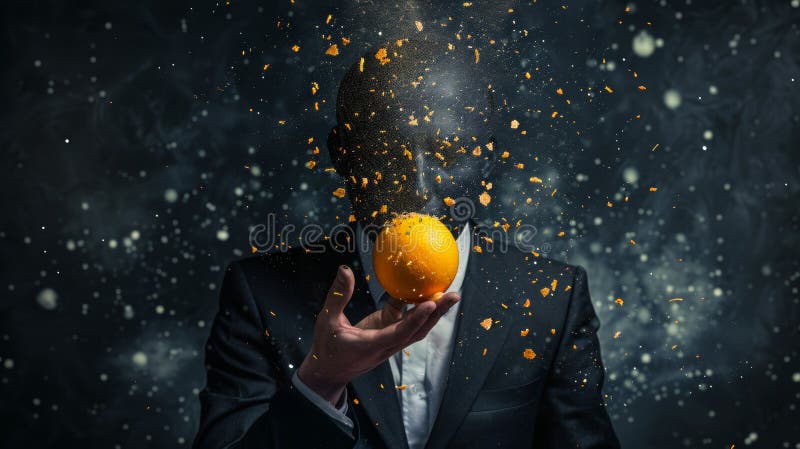 Man in Suit with Exploding Orange on Dark Background Stock Image ...