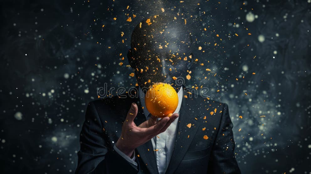 Man in Suit with Exploding Orange on Dark Background Stock Photo - Image of dramatic, visual ...