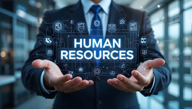 Corporate Leader Holding a HUMAN RESOURCES Hologram in Both Hands ...