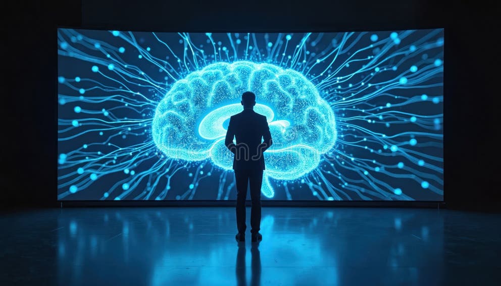 Man in Suit Faces Large Glowing Digital Brain Display. Futuristic Technology and Artificial ...