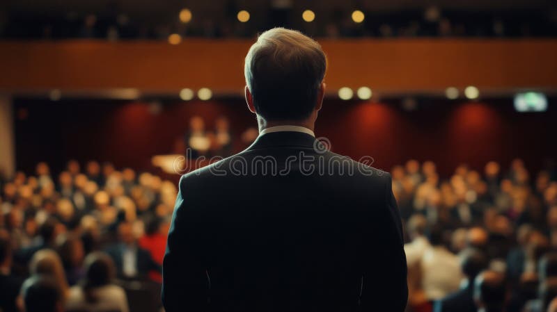 Man in Suit Facing Audience in a Large Hall Stock Illustration ...