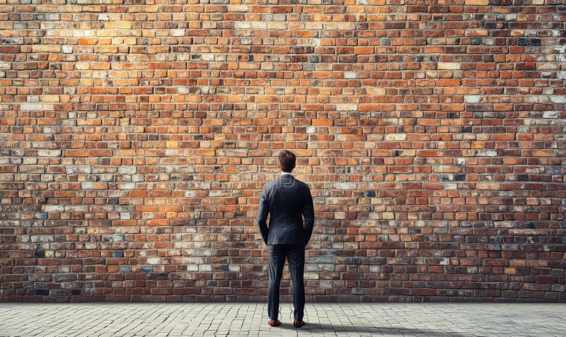 Man in Suit Facing Brick Wall, Symbolizing Obstacles and Challenges in ...