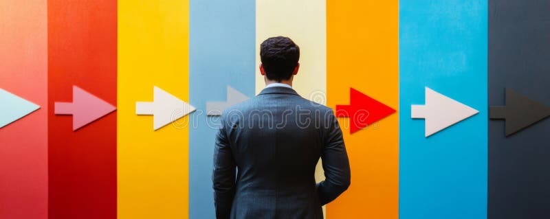 Man in Suit Facing Colorful Arrows on Wall, Decision-making Concept ...