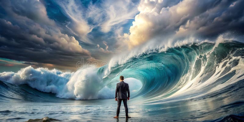 Man in Suit Facing Giant Wave, Dramatic Sky, Ocean, Storm, Power , Wave ...