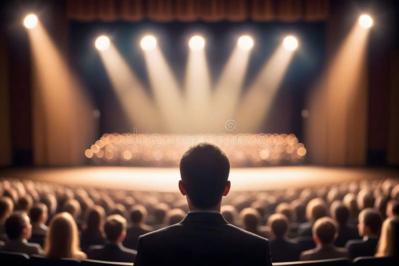 Man in Suit Facing Stage Lights in a Crowded Auditorium Stock ...
