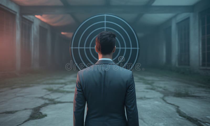 Man in Suit Facing Target in Desolate Building Back View Stock ...