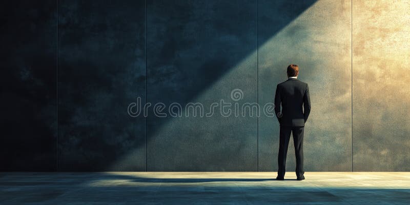 Man in Suit Facing Wall with Dramatic Lighting and Shadows in Modern ...