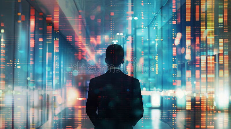Man in Suit in Front of Glowing Digital Interfaces and Data Streams ...